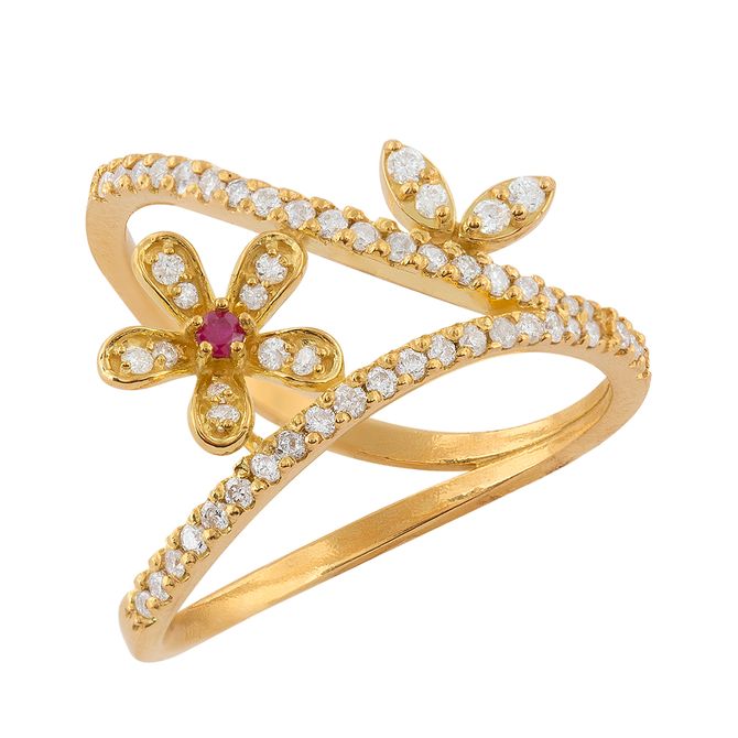 Anel Flor Aro Duplo Rubi e Diamantes Ouro 18k 750 - omegadornier